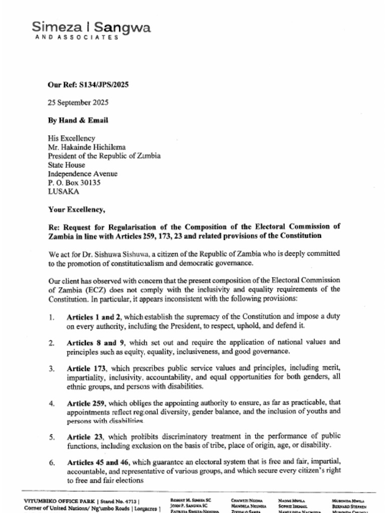 Letter To His Excellency Mr. Hakainde Hichilema | PDF