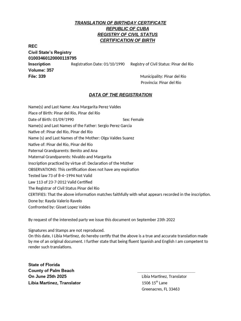 Birth Certificate Translation: Ana Perez | PDF