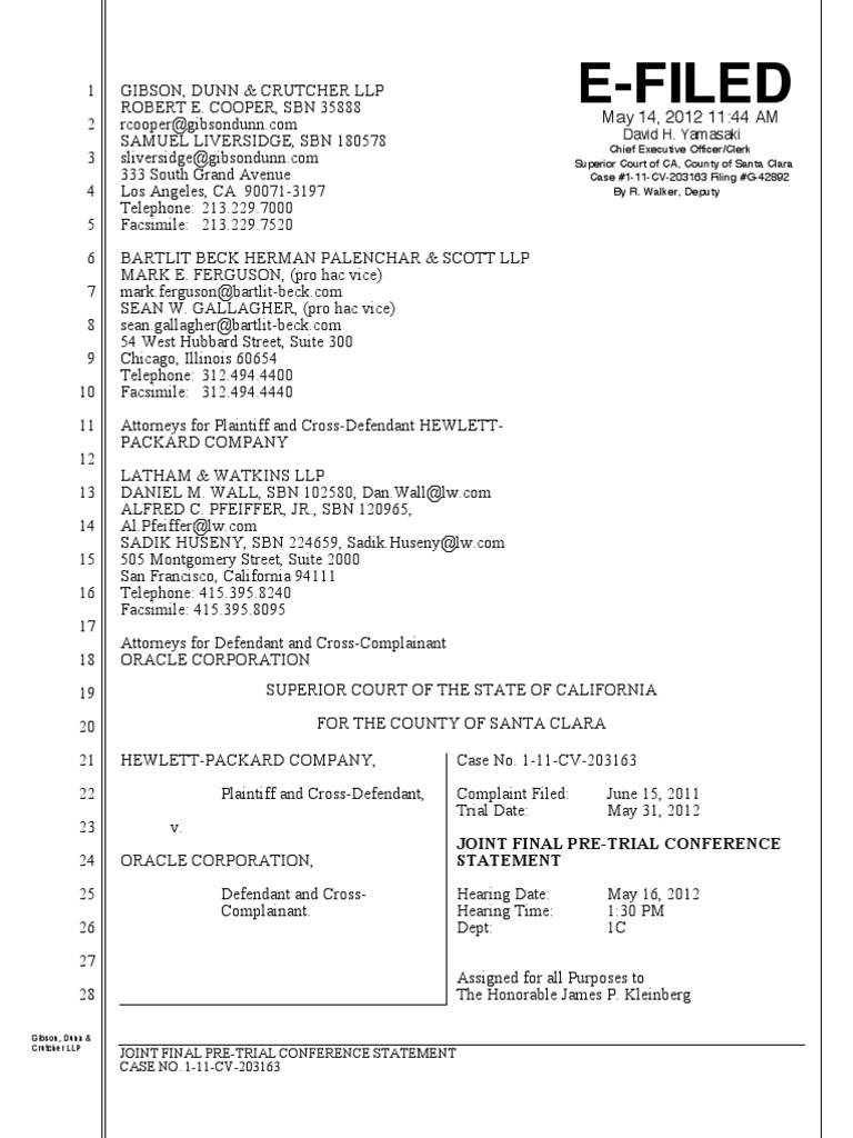 Joint Final Pre-trial Conference Statement | Hewlett Packard | Oracle ...