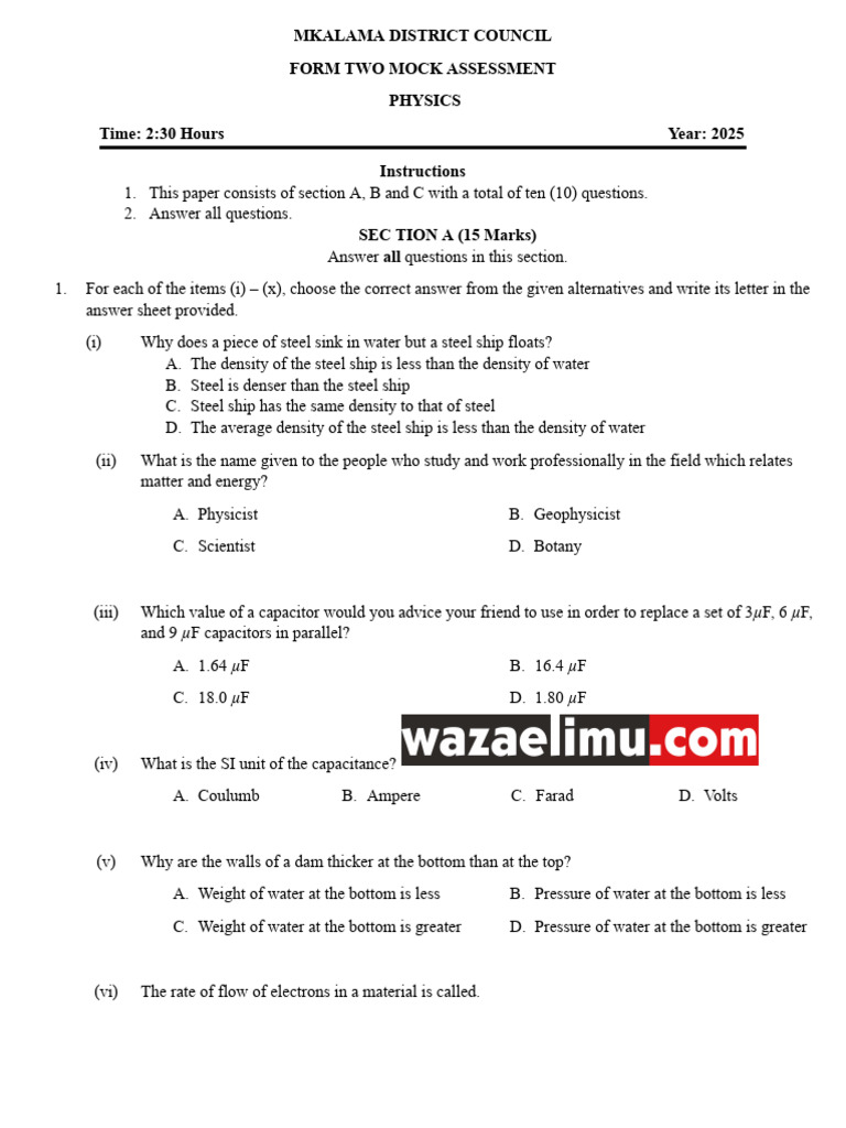 Form Two Physics Mock Assessment 2025 | PDF | Capacitor | Electric Current