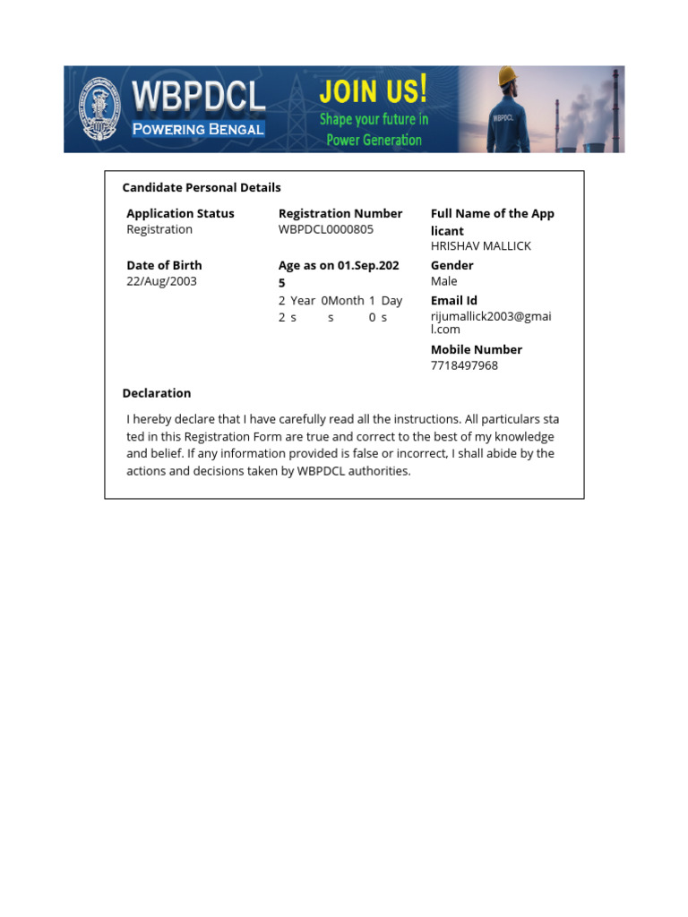 WBPDCL Registration Form | PDF
