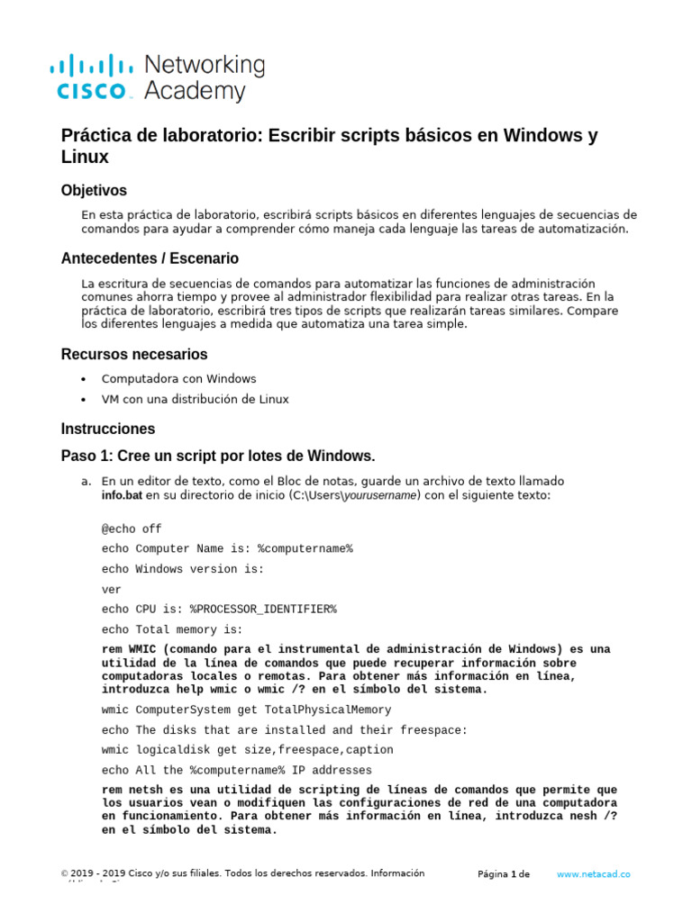 14.4.2.7 Lab - Write Basic Scripts in Windows and Linux | PDF | Lenguaje de escritura | Shell ...