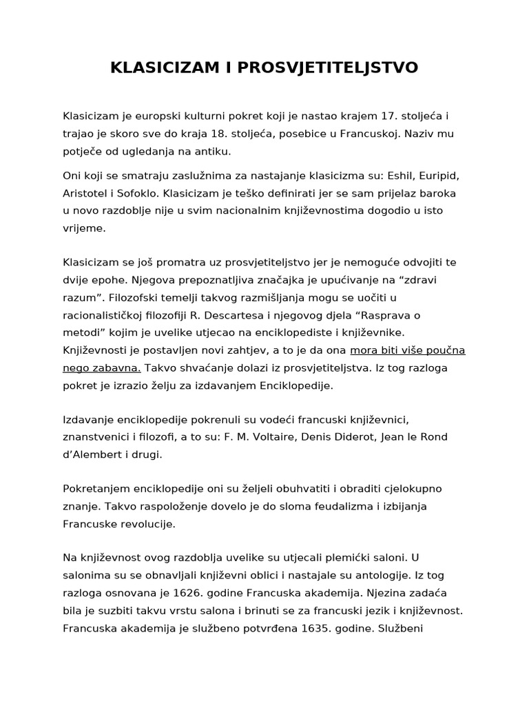 Klasicizam I Prosvjetiteljstvo | PDF