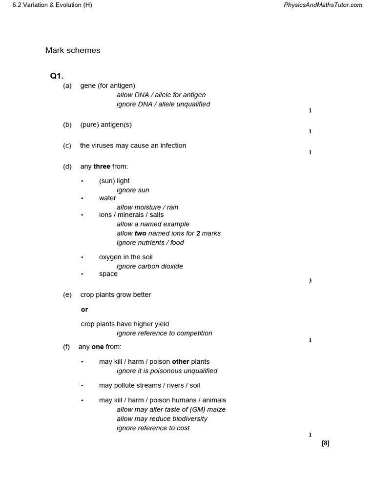 Marking Scheme for Variation & Evolution | PDF