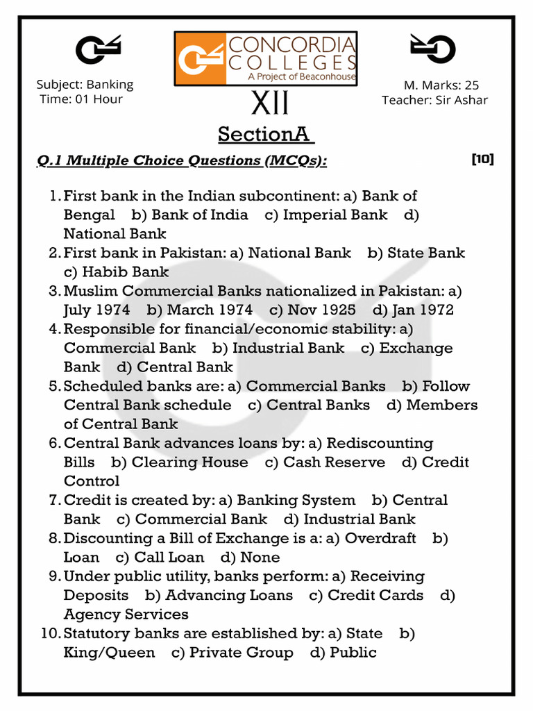 Final Banking Paper 12 Calss | PDF