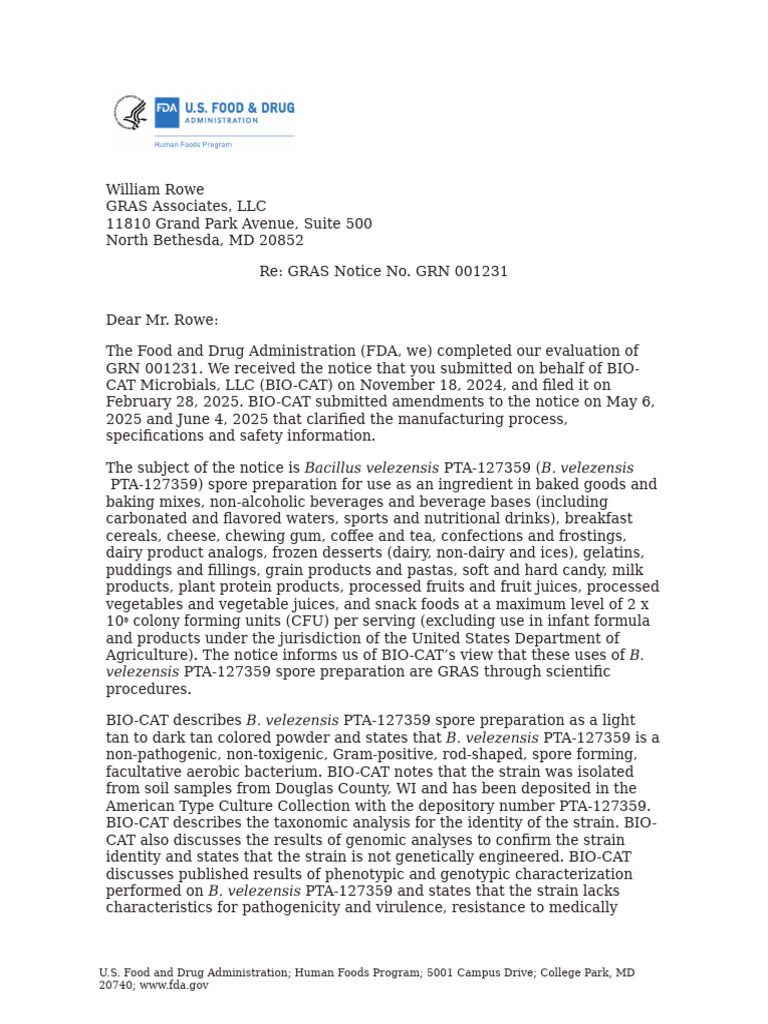 Gras Notice 1231 Agency Response Letter Web - 0 | PDF | Drink
