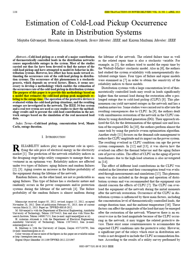 Estimation of Cold-Load Pickup Occurrence | PDF | Reliability ...