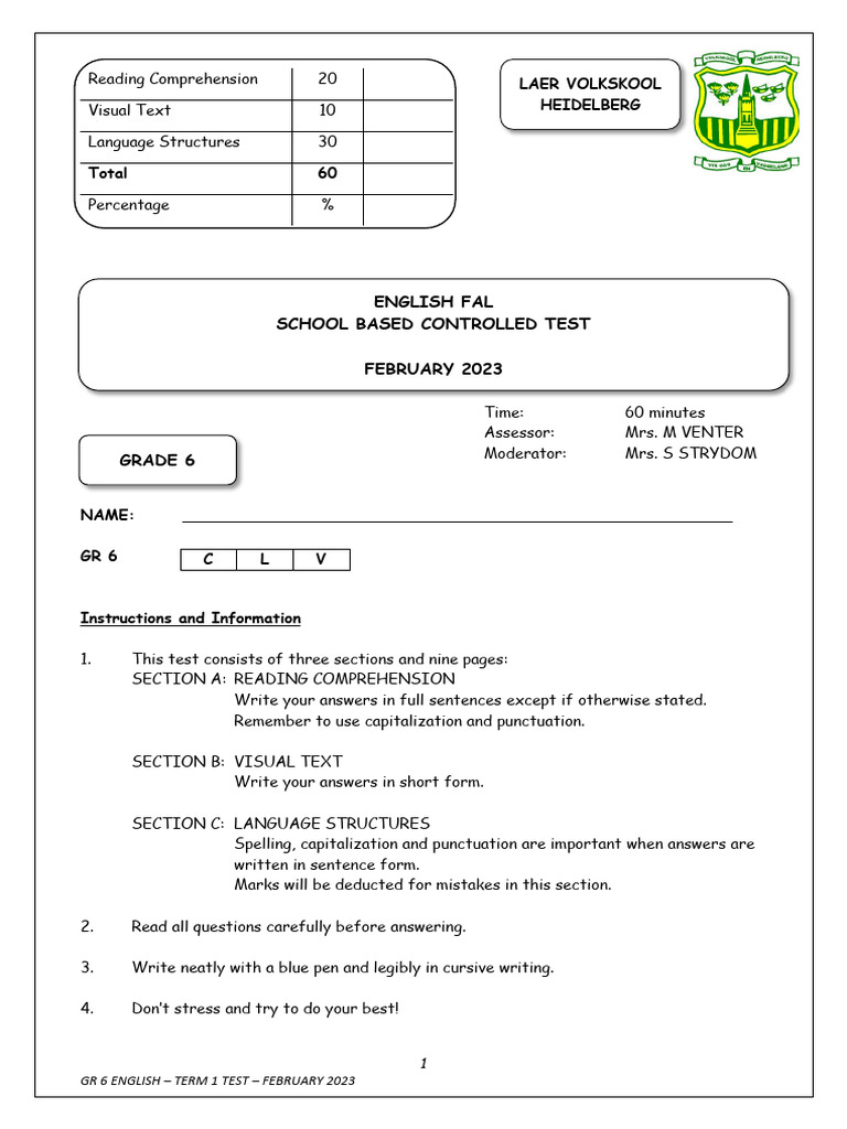 Eng - FAL - Grade 6 - T1-2023 | PDF | Noun | Plural