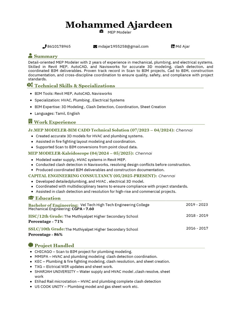 MEP Modeler Resume: BIM & Technical Skills | PDF | Building Information ...