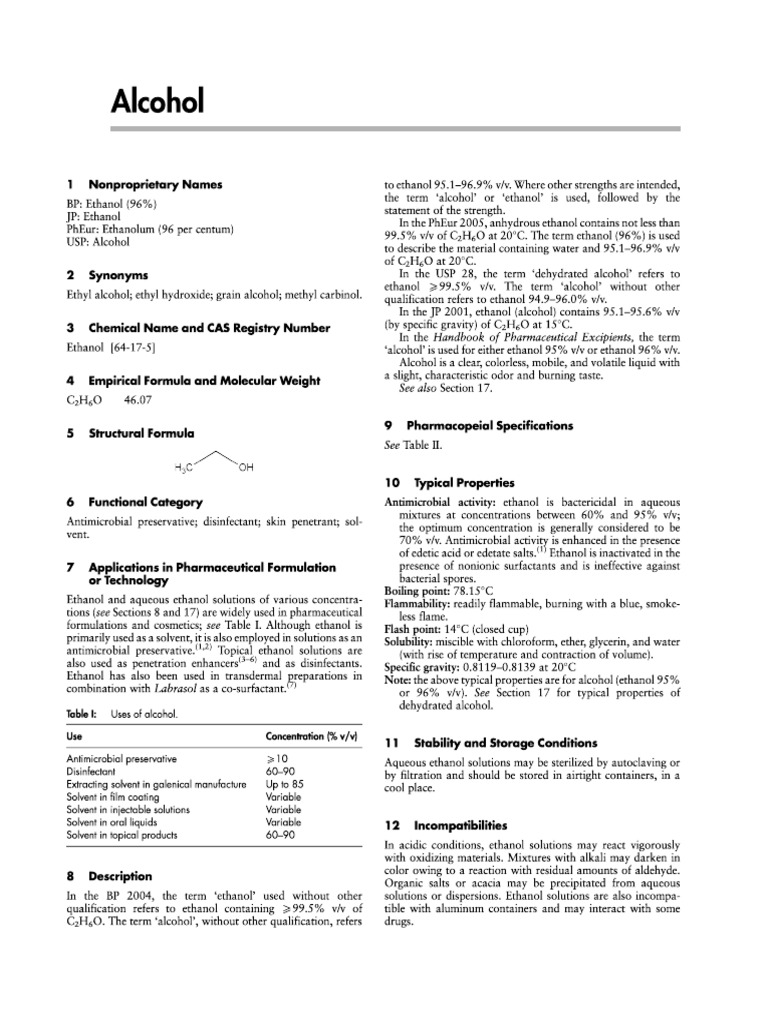 Alcohol Monograph Book of Pharmaceutical Excipients | PDF