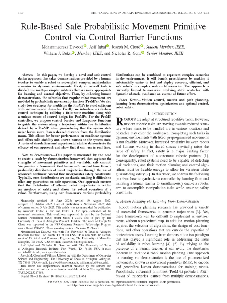 Rule-Based Safe Probabilistic Movement Primitive Control Via Control Barrier Functions | PDF ...