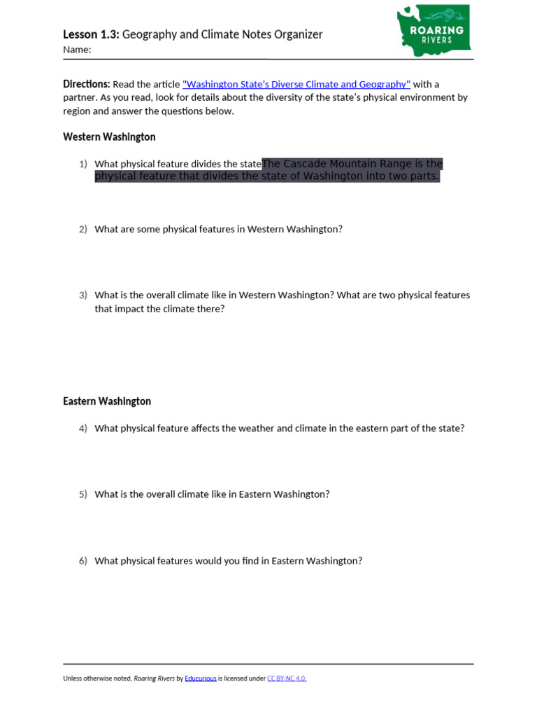 Washington State Geography & Climate Notes | PDF
