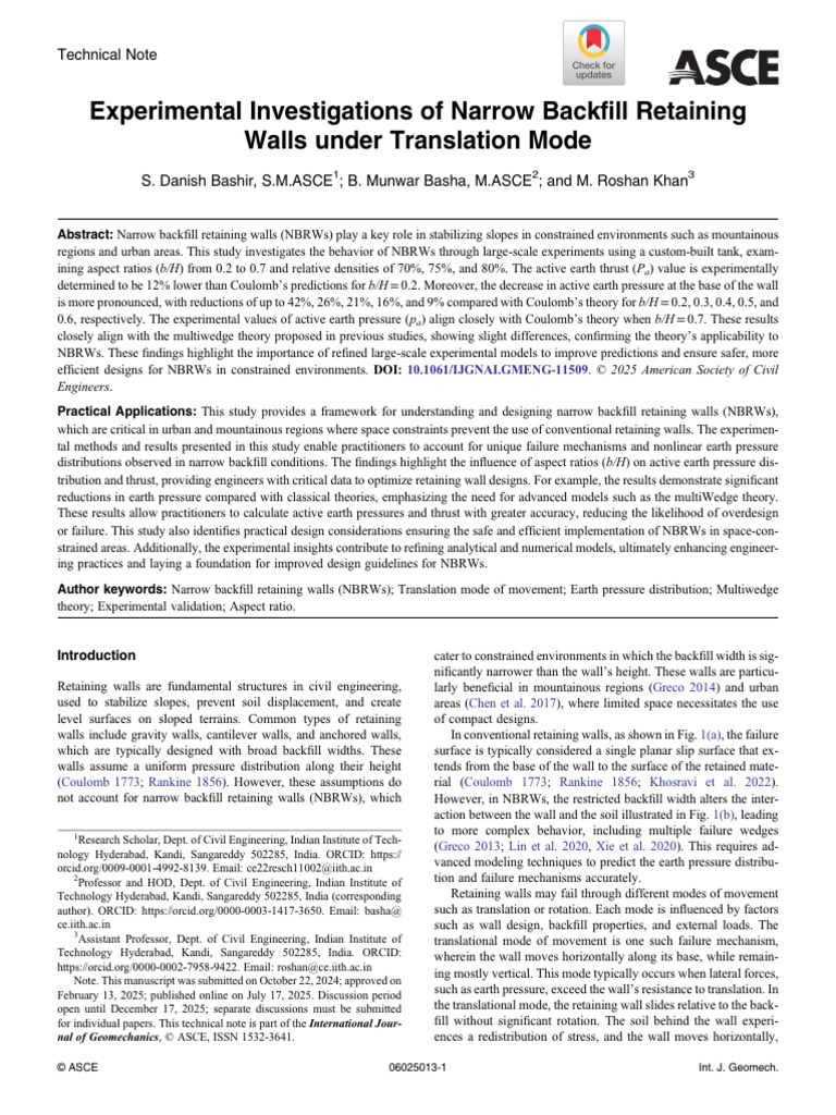 Bashir Et Al Experimental Investigations of Narrow Backfill Retaining ...