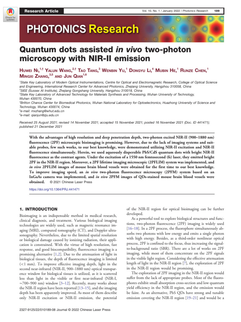 NIR-II Quantum Dots for Two-Photon Microscopy | PDF | Medical Imaging ...