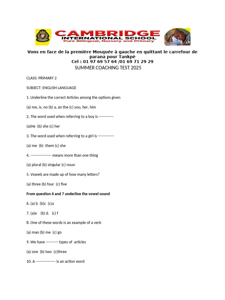 Summer Coaching Test for Primary Students | PDF | Verb | English Language