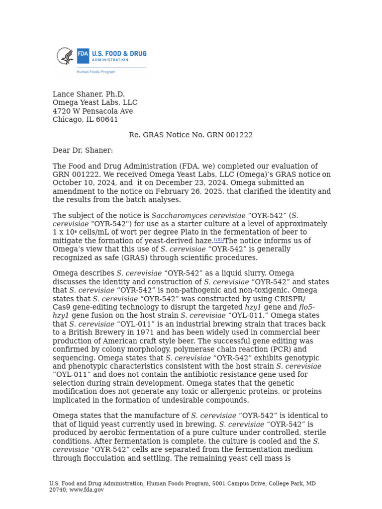Gras Notice 1222 Agency Response Letter Web - 0 | PDF | Saccharomyces ...
