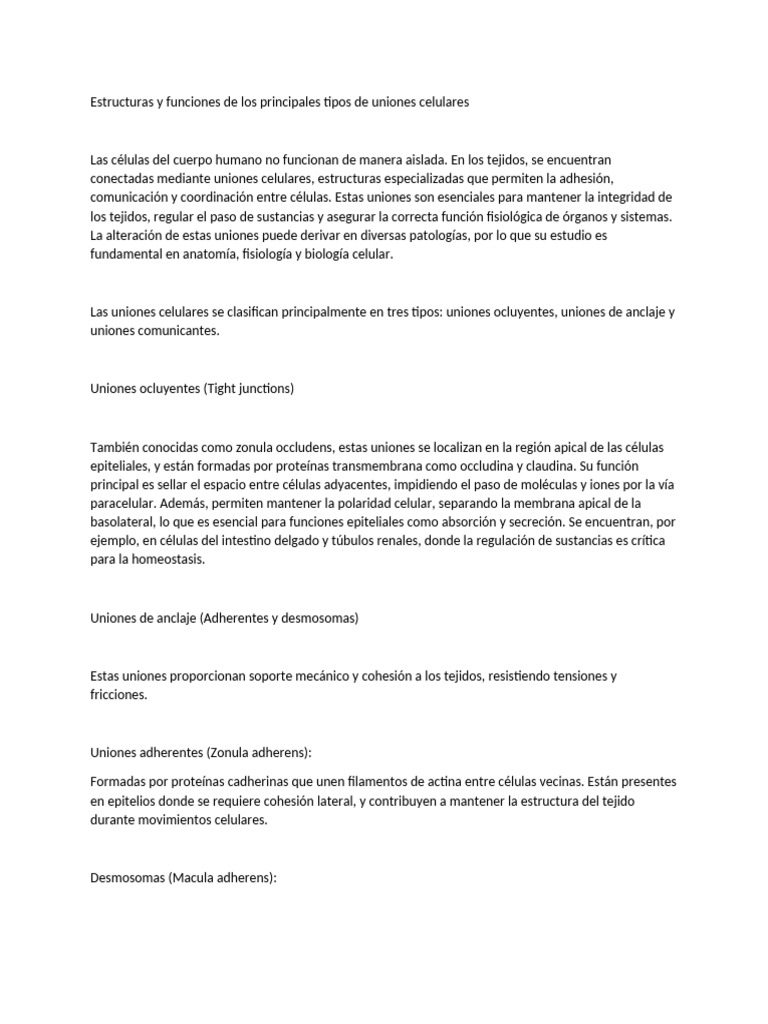 Estructuras y Funciones de Los Principales Tipos de Uniones Celulares ...