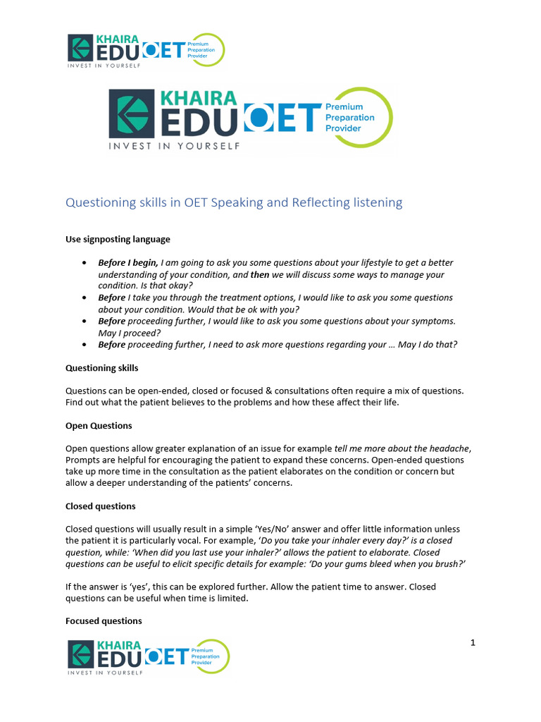 OET Speaking: Effective Questioning Skills | PDF | Hypertension | Pain