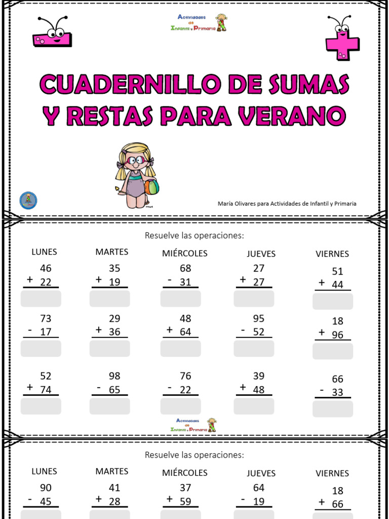 Cuadernillo de Sumas y Restas para Verano | PDF