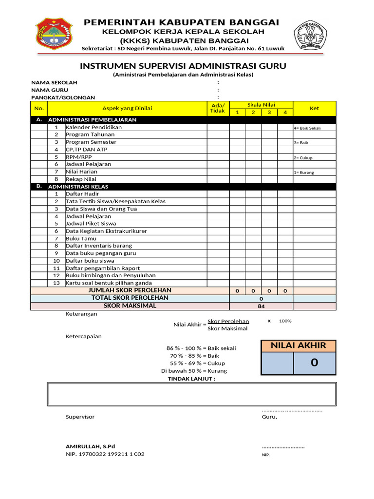 Instrumen Supervisi Guru Dan Kepala Sekolah | PDF