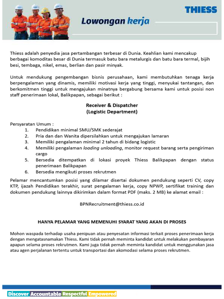 Lowongan Receiver & Dispatcher Thiess Balikpapan | PDF
