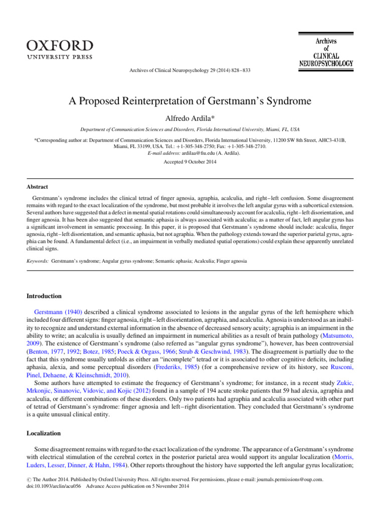 A Proposed Reinterpretation of Gerstmann's Syndrome2014 | PDF | Aphasia ...