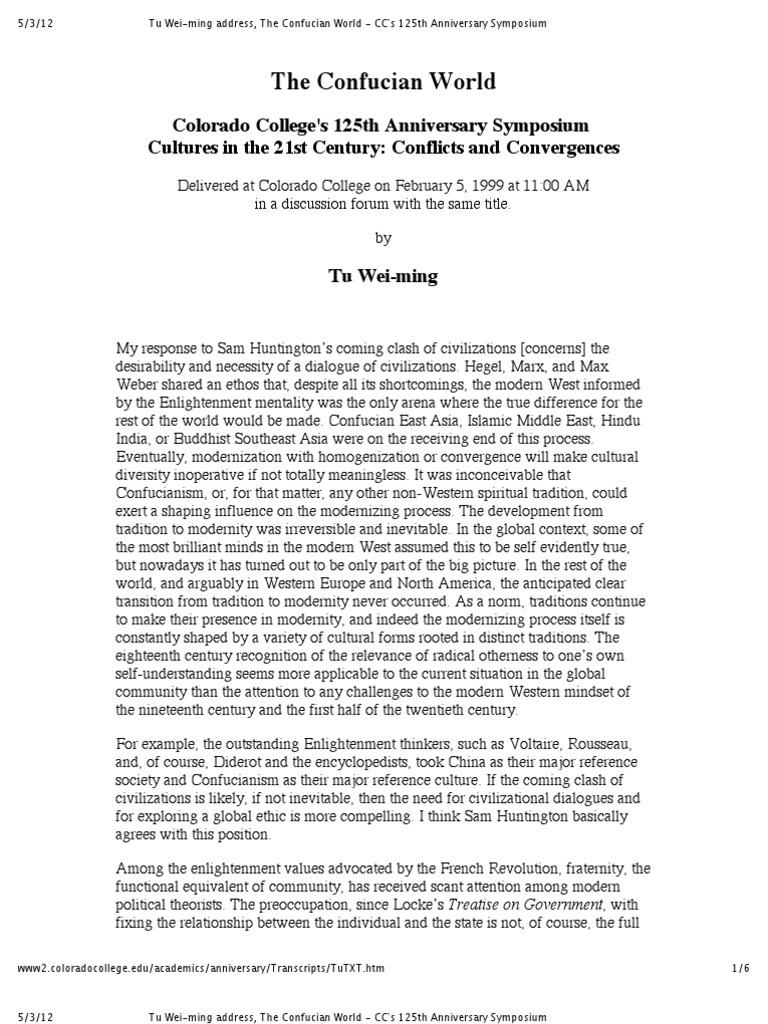 Tu Weiming, The Confucian World | PDF | Confucianism | Modernity
