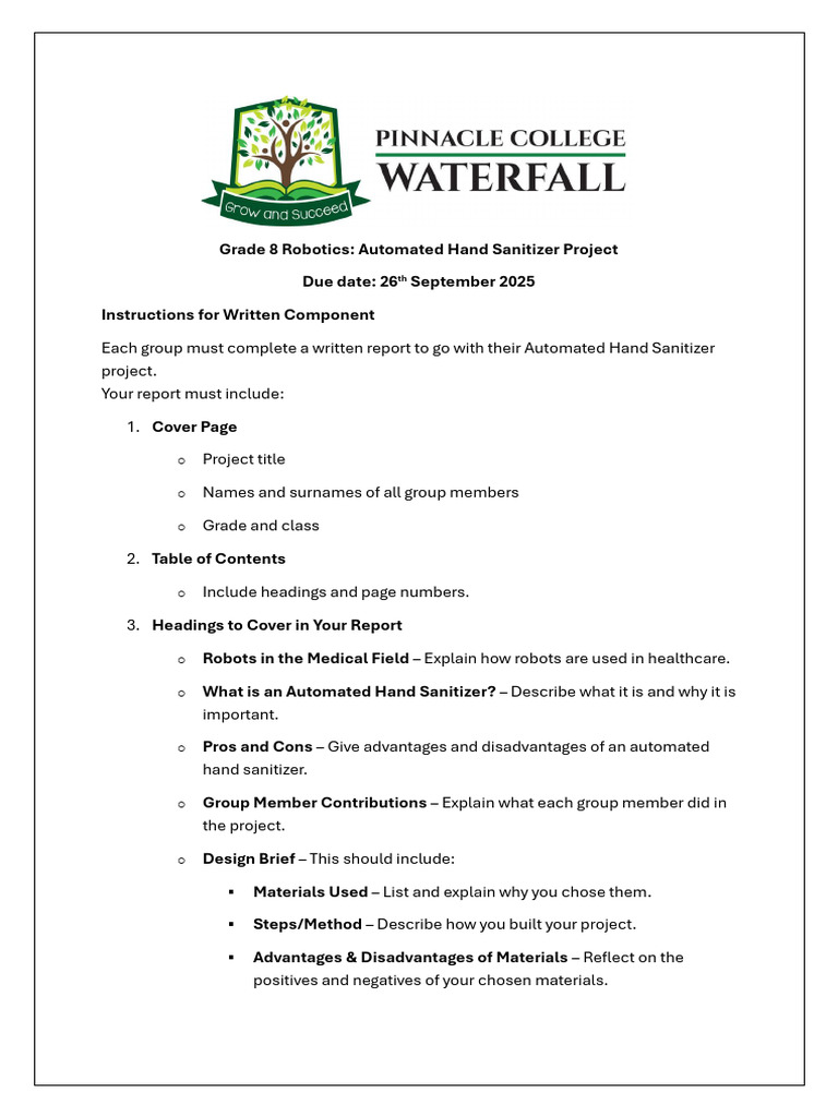Grade 8 Robotics Hand Sanitizer Project | PDF