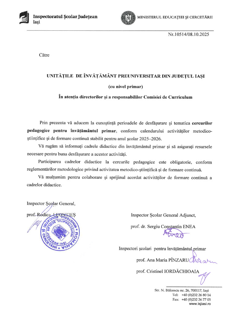 ISJ Iasi - Cerrcuri Pedagogice Invatamant Primar - 2025 | PDF