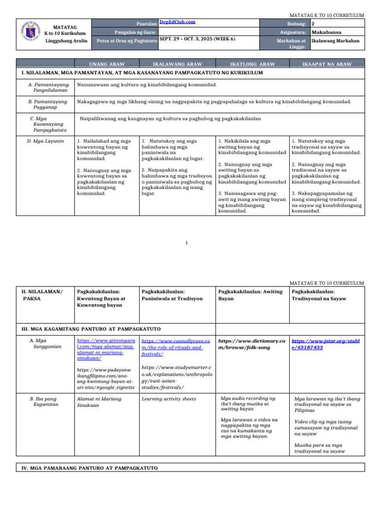 DLL Matatag Makabansa 2 q2 w6 | PDF