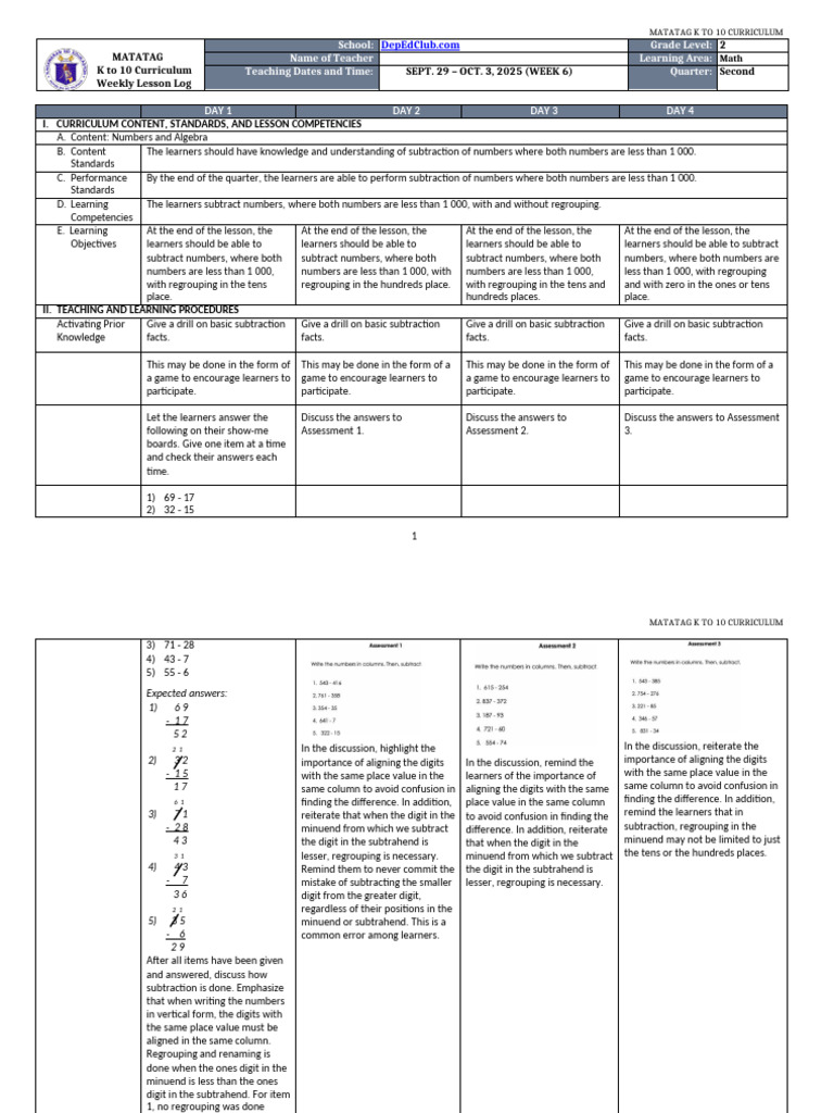 Grade 2 Math Subtraction Lesson Plan | PDF | Subtraction | Elementary ...