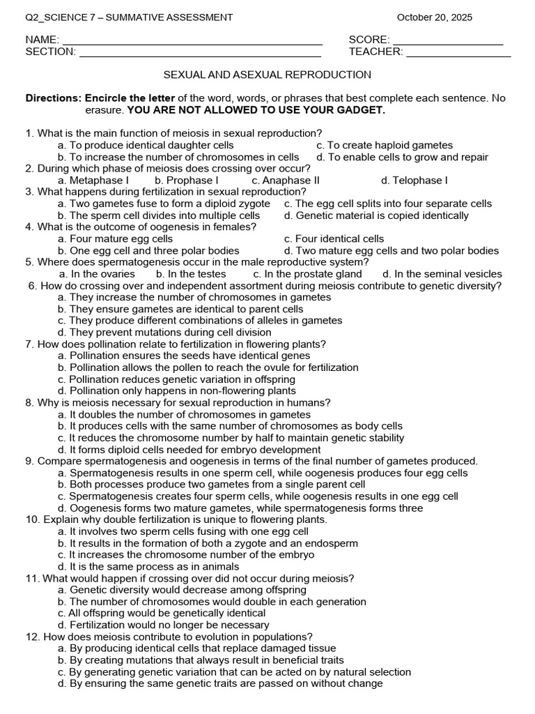 Q2 Summative Assessment Sexual and Asexual Reproduction October 20 ...