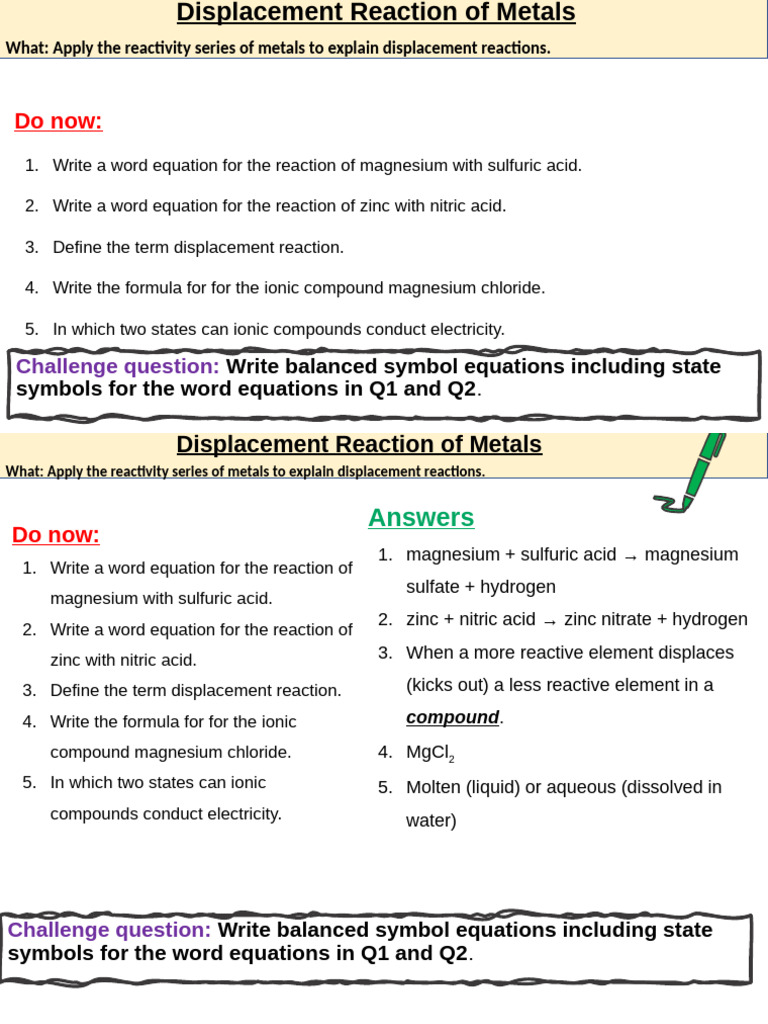 Displacement Reactions of Metals | PDF | Chemical Reactions | Magnesium