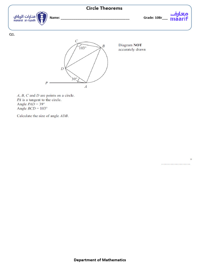 Circle Theorems Worksheet | PDF