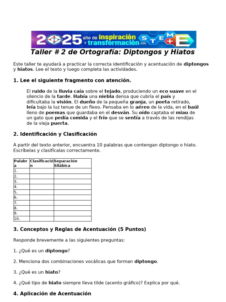 Taller Ortográfico 2 Hiatos y Diptongos | PDF