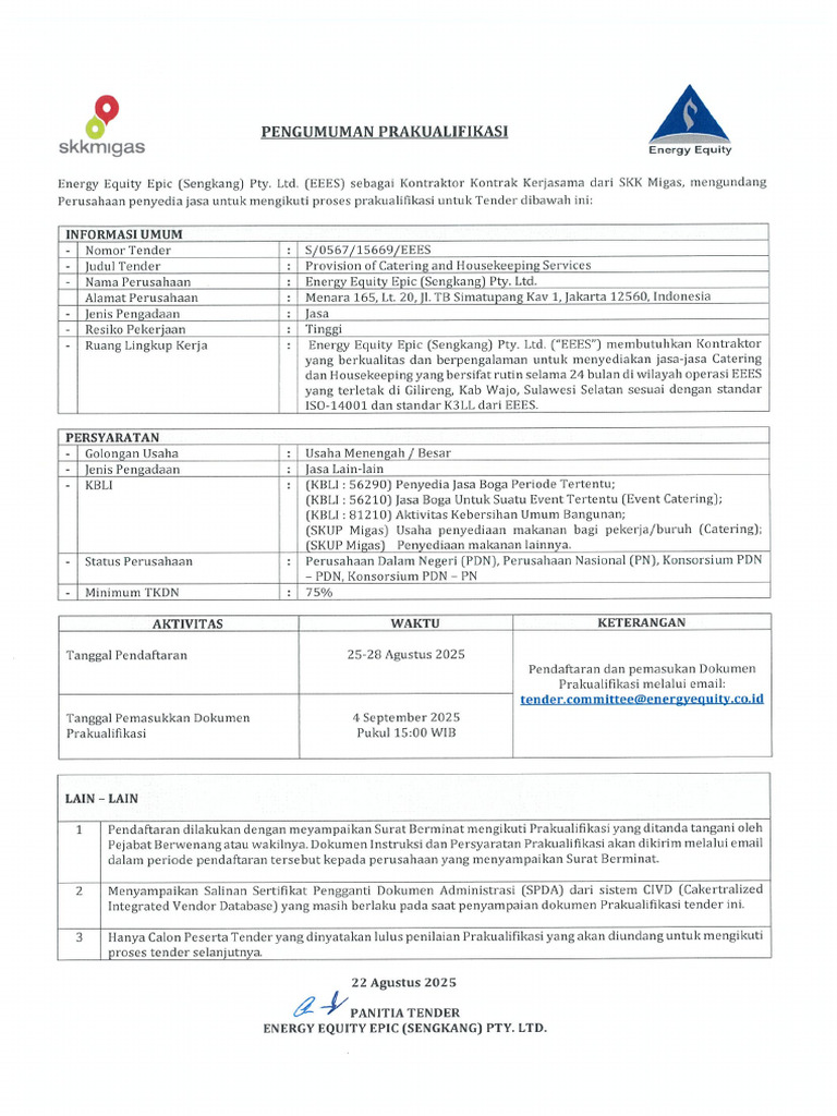 Pengumuman Tender Energi Equity Epic (Sengkang) 2025 | PDF