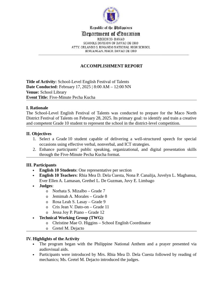 Accomplishment Report Sfot | PDF | Cognition | Learning