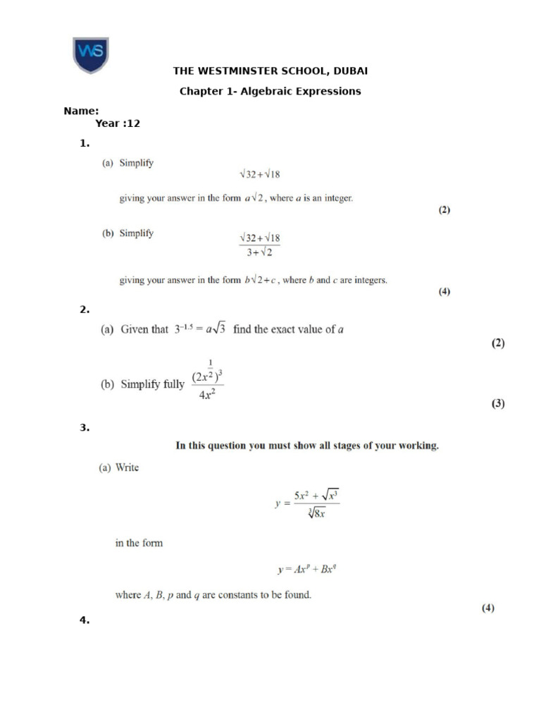 P1 Ch1 Algebraic Expressions WS | PDF