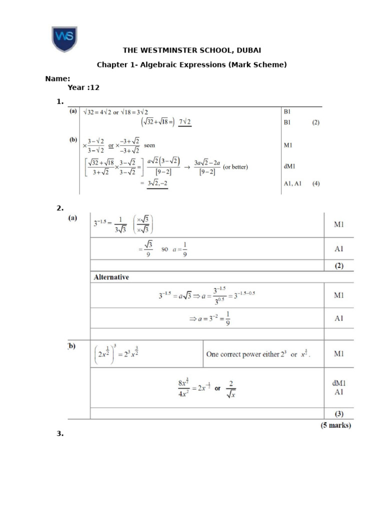P1 Ch1 Algebraic Expressions MS | PDF