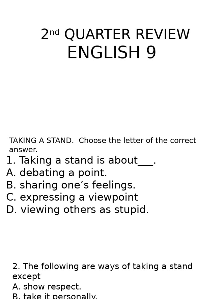 English 9: Taking a Stand Review | PDF | Literacy | Nonlinear System