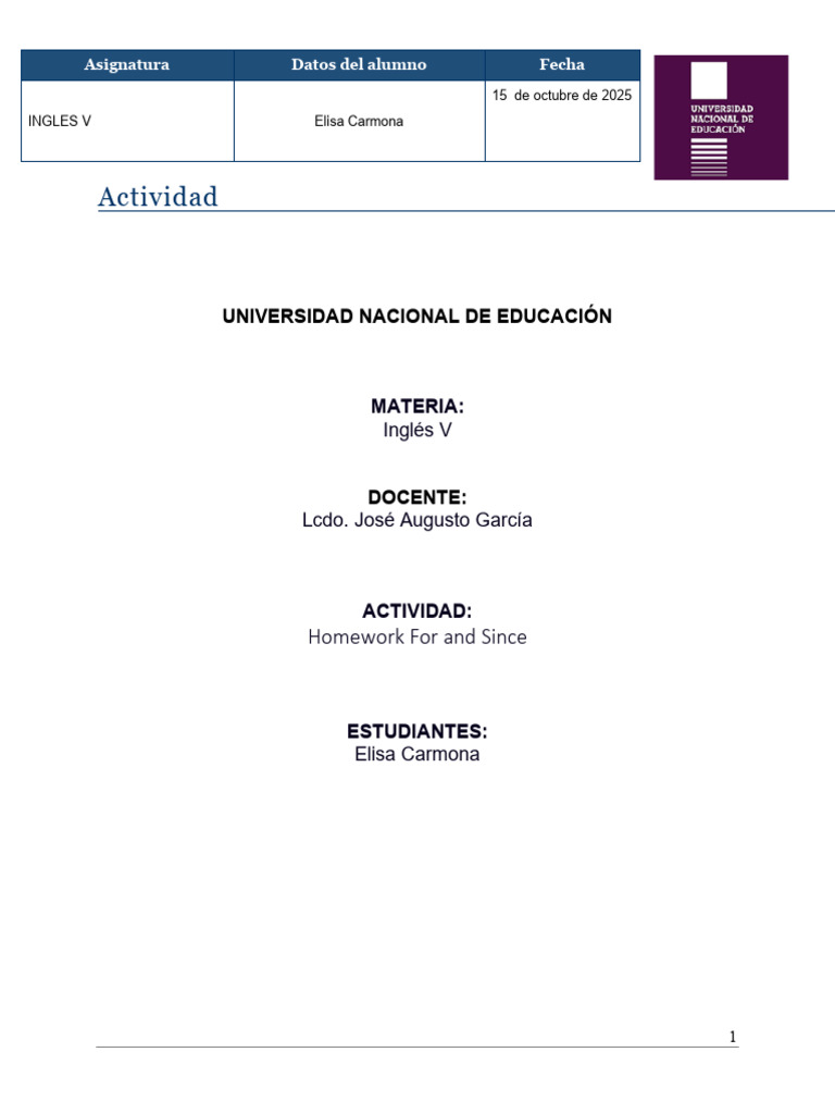 Homework For and Since | PDF