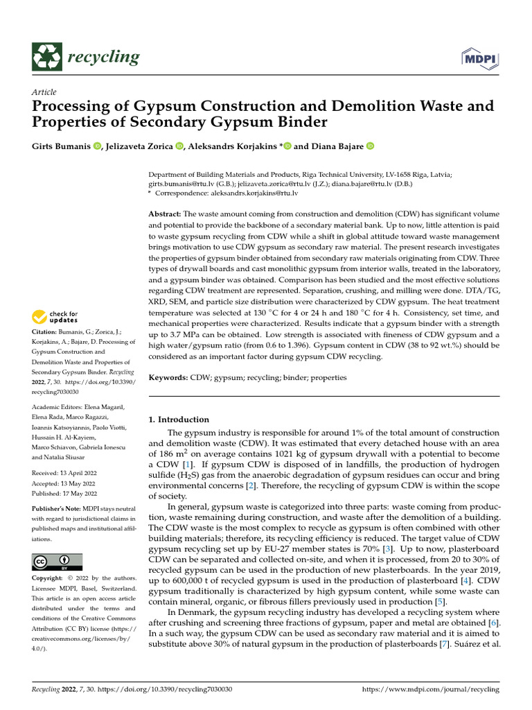 Gypsum Waste Recycling and Binder Properties | PDF | Drywall | Recycling