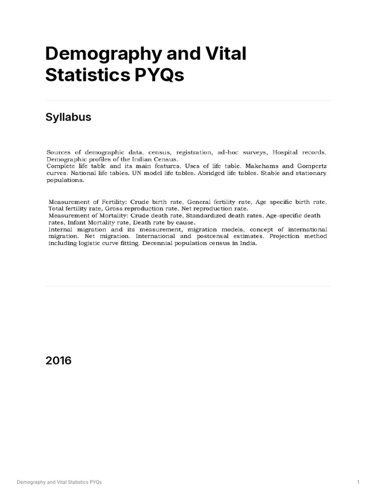 Demography and Vital Statistics PYQs | PDF