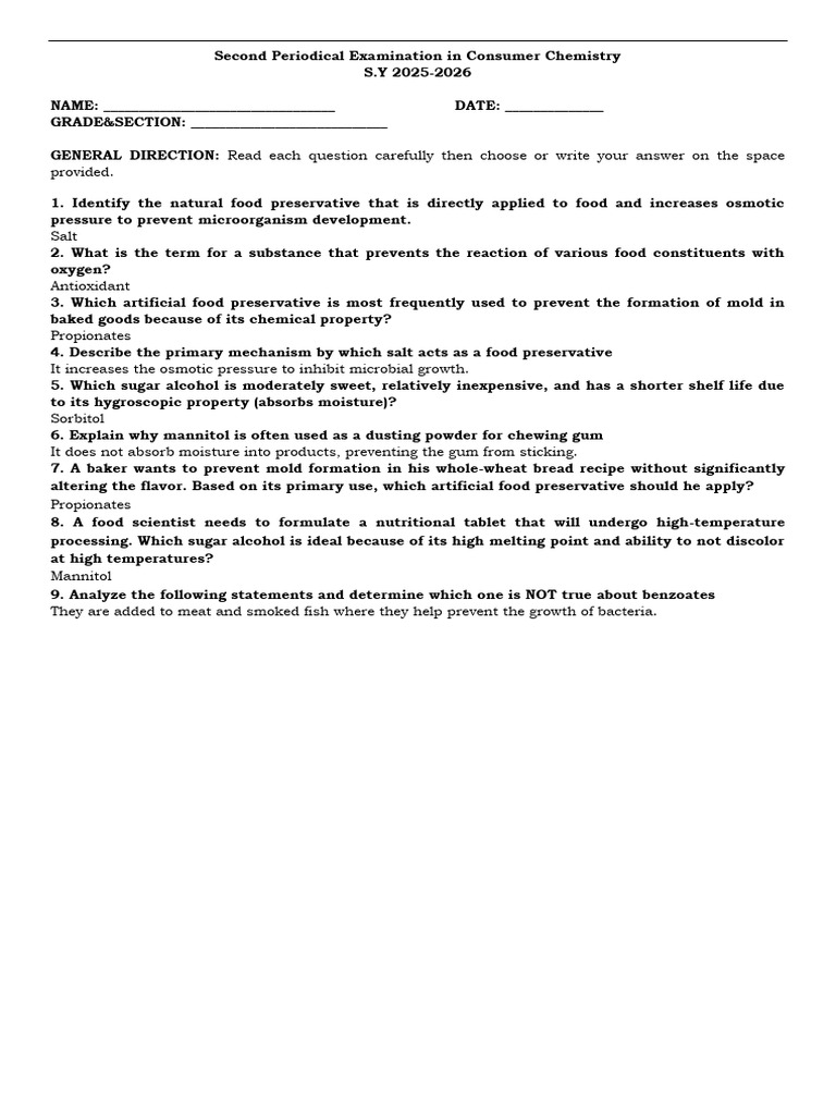 Consumer Chemistry Exam: Food Preservatives | PDF | Sugar Substitute ...