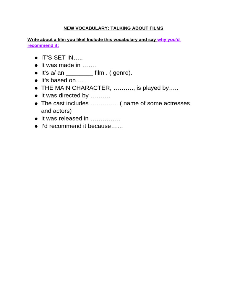 New Vocabulary - Talking About Films | PDF