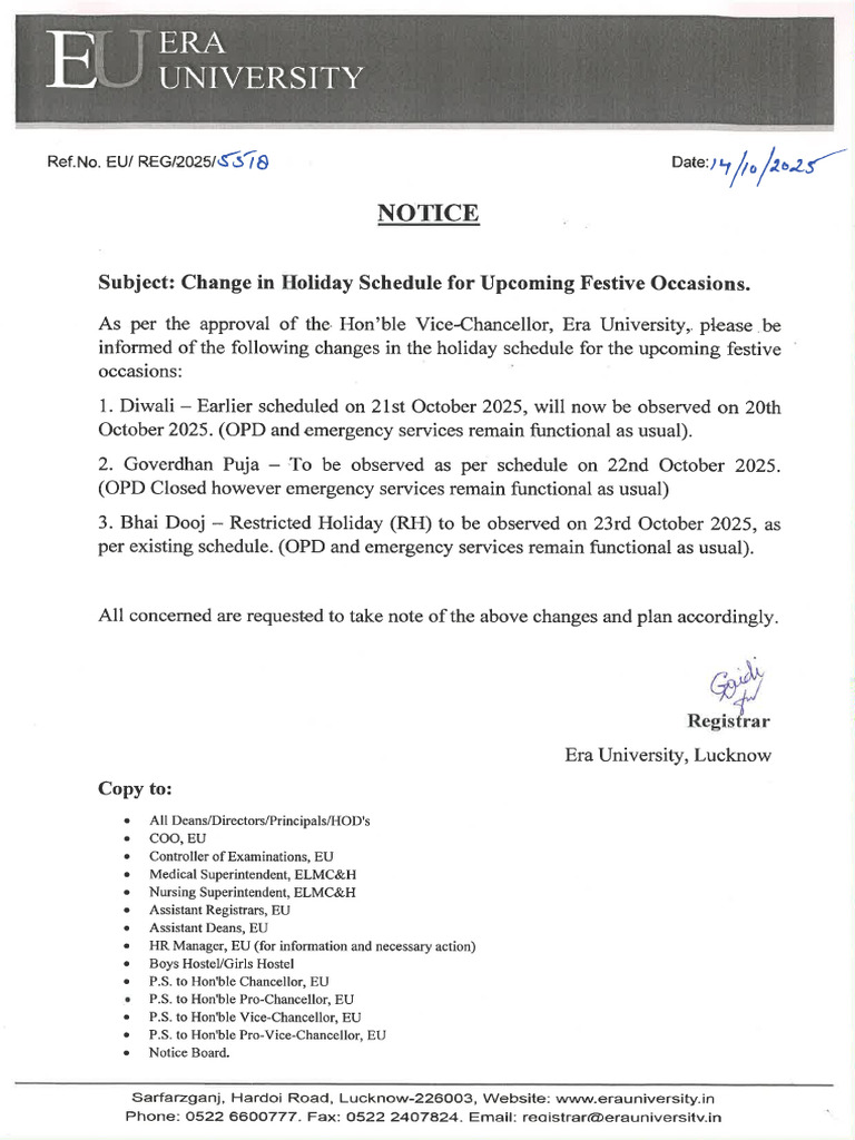 Change in Holiday Schedule | PDF