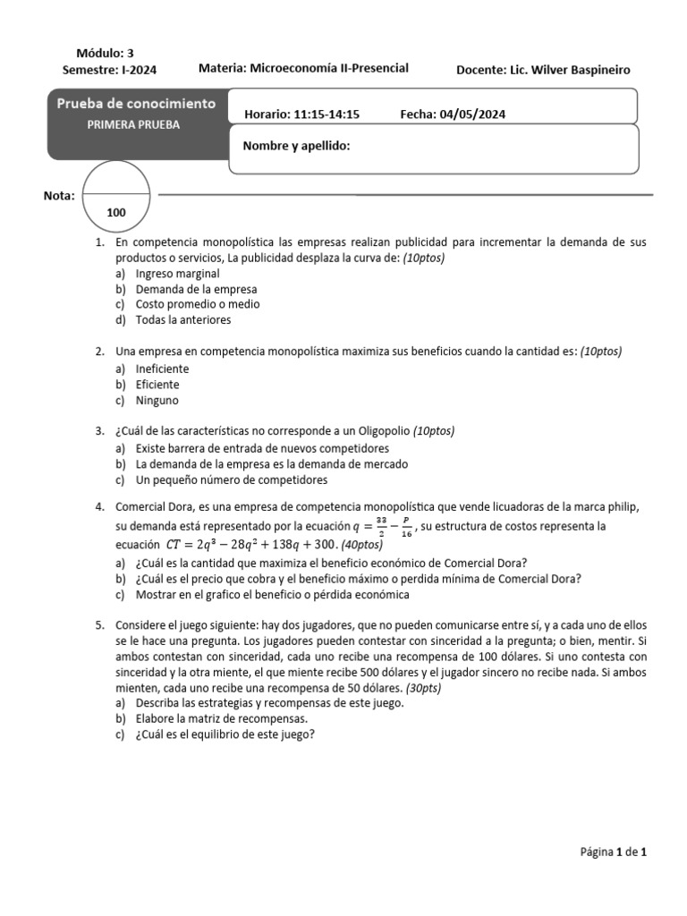Segunda Prueba de Conoc - Microeconomia-Ii 2-2024 | PDF | Monopolio ...