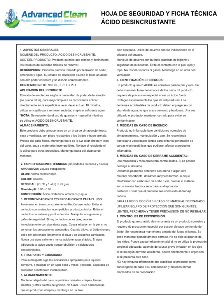 Hoja de Seguridad: Ácido Desincrustante | PDF | Agua | Corrosión