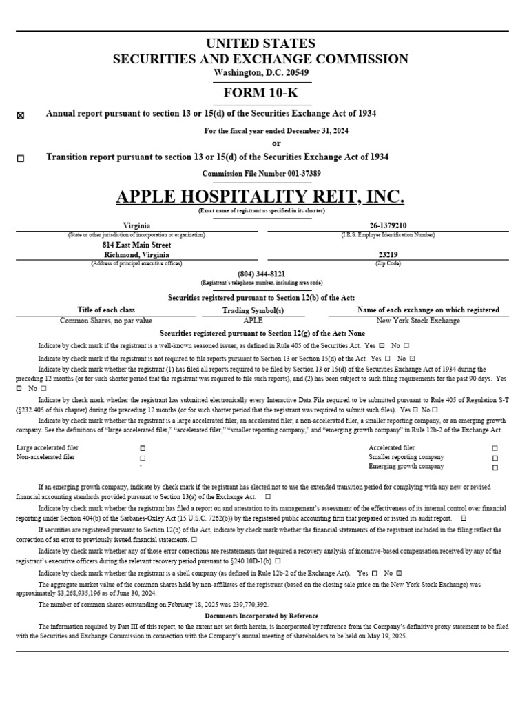 Apple Hospitality REIT 2024 Annual Report On Form 10 K 1 | PDF | Debt ...