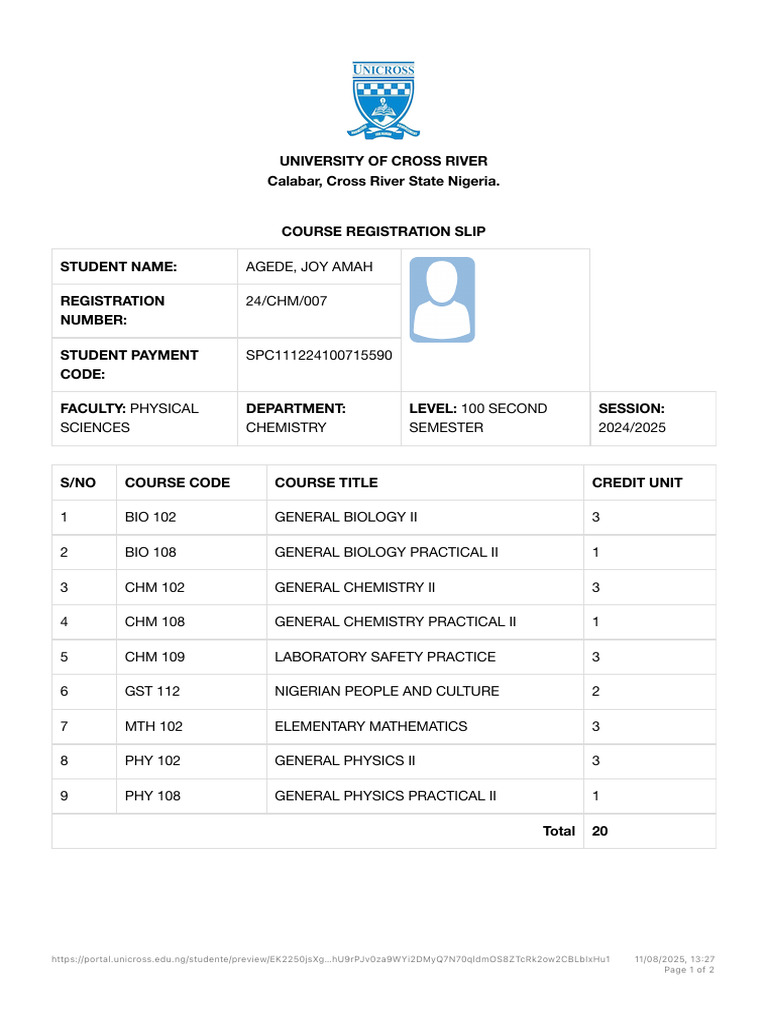 University of Cross River Course Slip | PDF